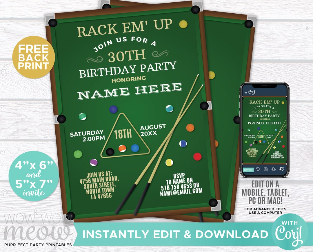 Snooker Invitations Pool Birthday Invites Billiards INSTANT DOWNLOAD ...