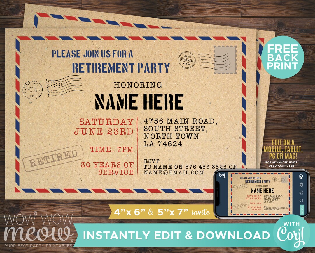 Retirement Invitation Retired Invite Envelope Postal Postcard Instant ...