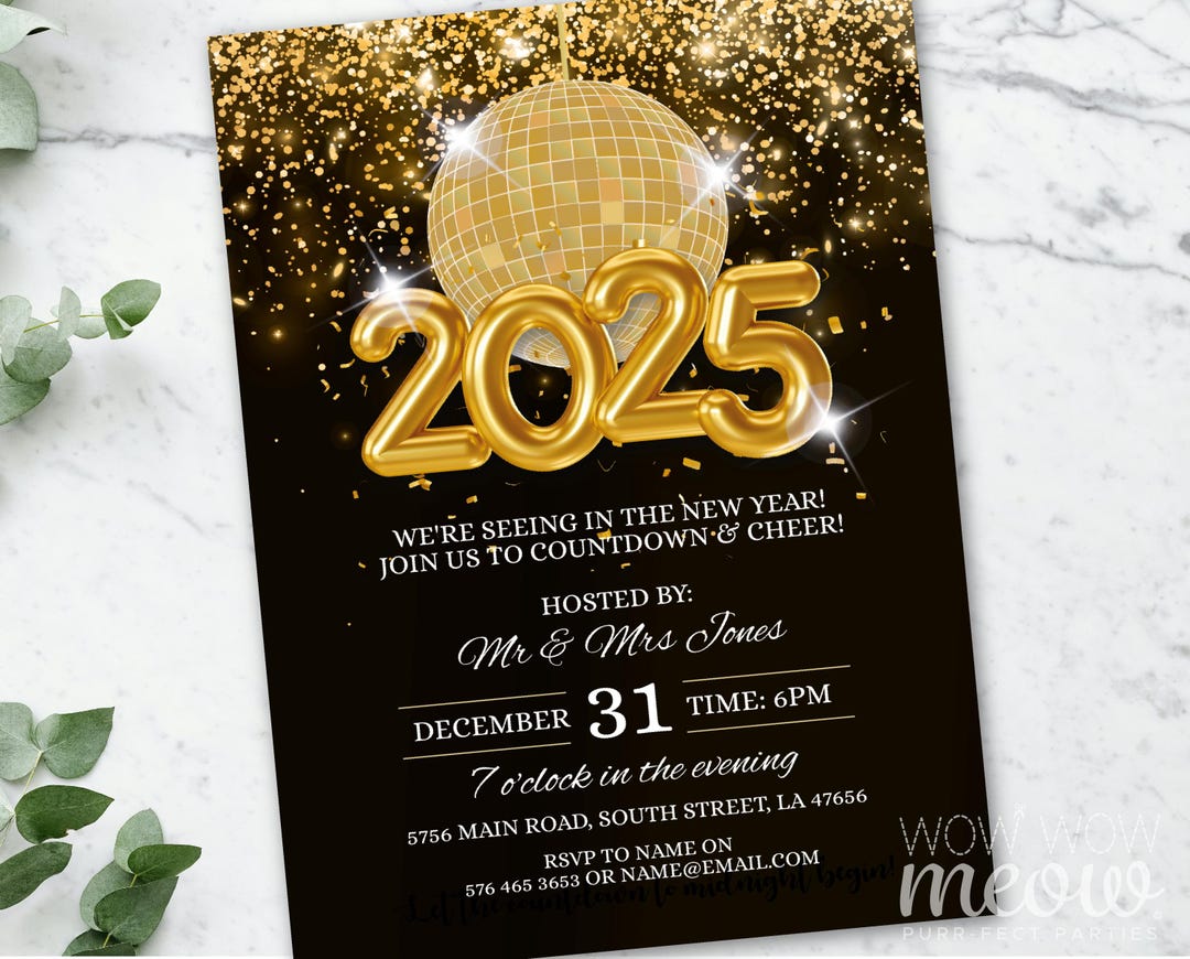 Editable NYE 2025 Invitations New Year's Eve Party Black Gold Glitter ...