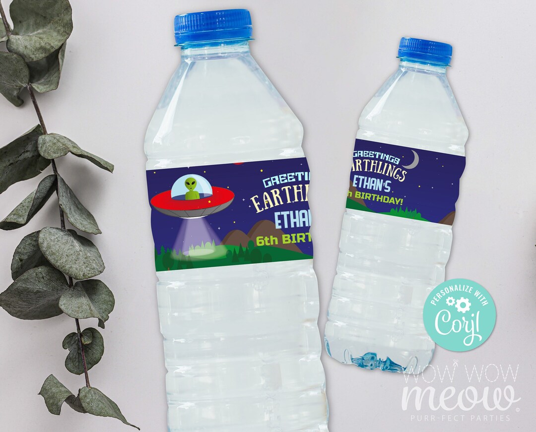 Alien Water Bottle Labels Editable Birthday Party Gift UFO Spaceship ...