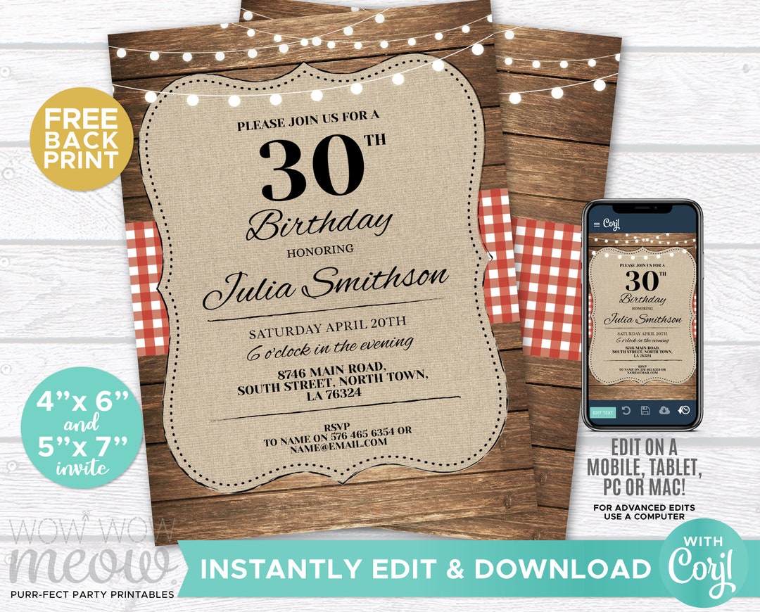 Birthday Invitations Invite Rustic Wood String BBQ Barn Lights INSTANT ...