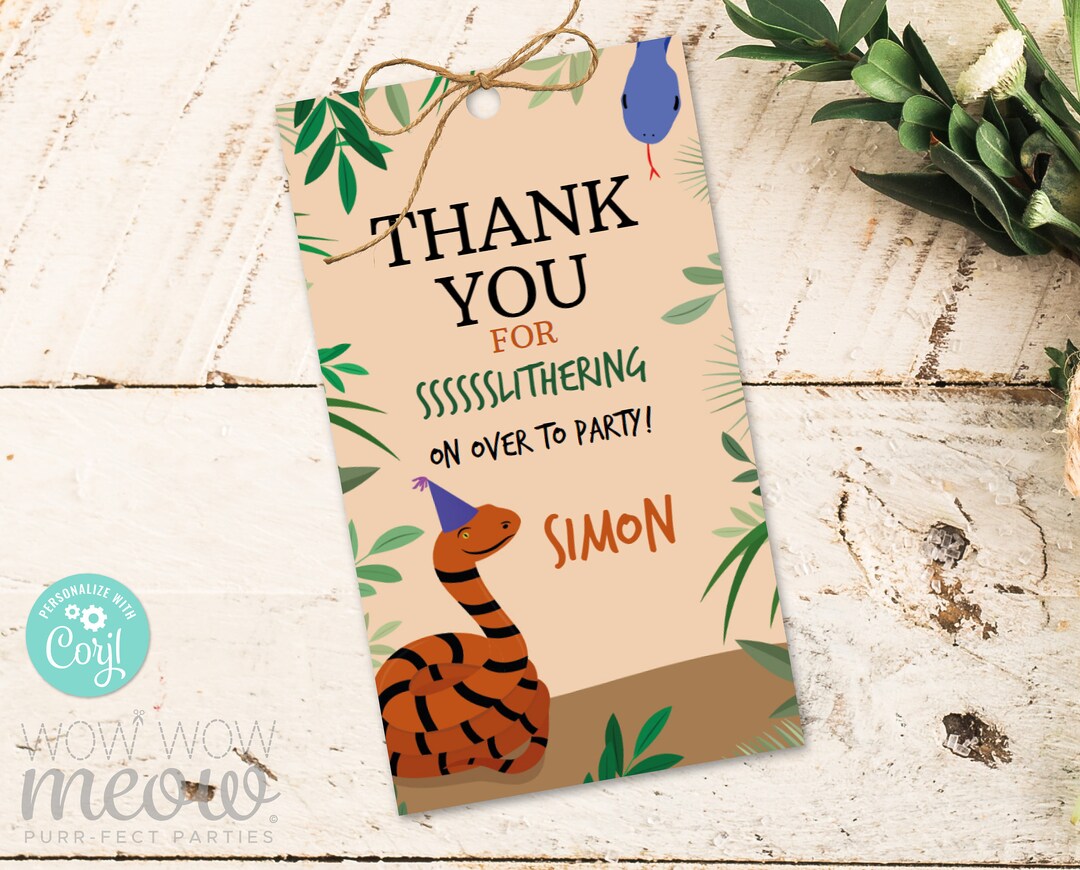 Snake Thank You Tags Birthday - Party Gift Tags - Reptile Jungle Hats ...