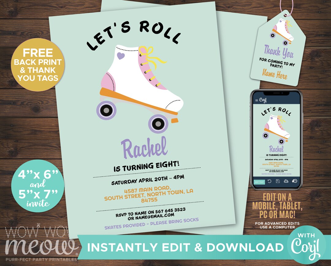 Let's Roll Invitation Roller Skating Birthday Party INSTANT DOWNLOAD ...