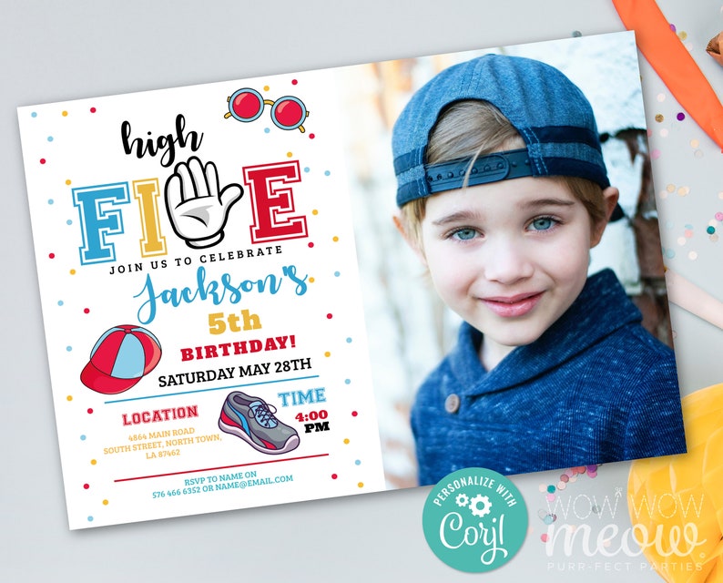 High Five 5th Birthday Invitation Photo Party Cool Boy Cute - Etsy