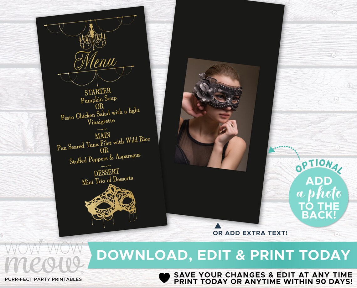 Masquerade Menu Dinner Template Wedding Gold Black INSTANT DOWNLOAD Set ...