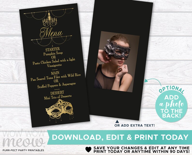 Masquerade Menu Dinner Template Wedding Gold Black INSTANT | Etsy España