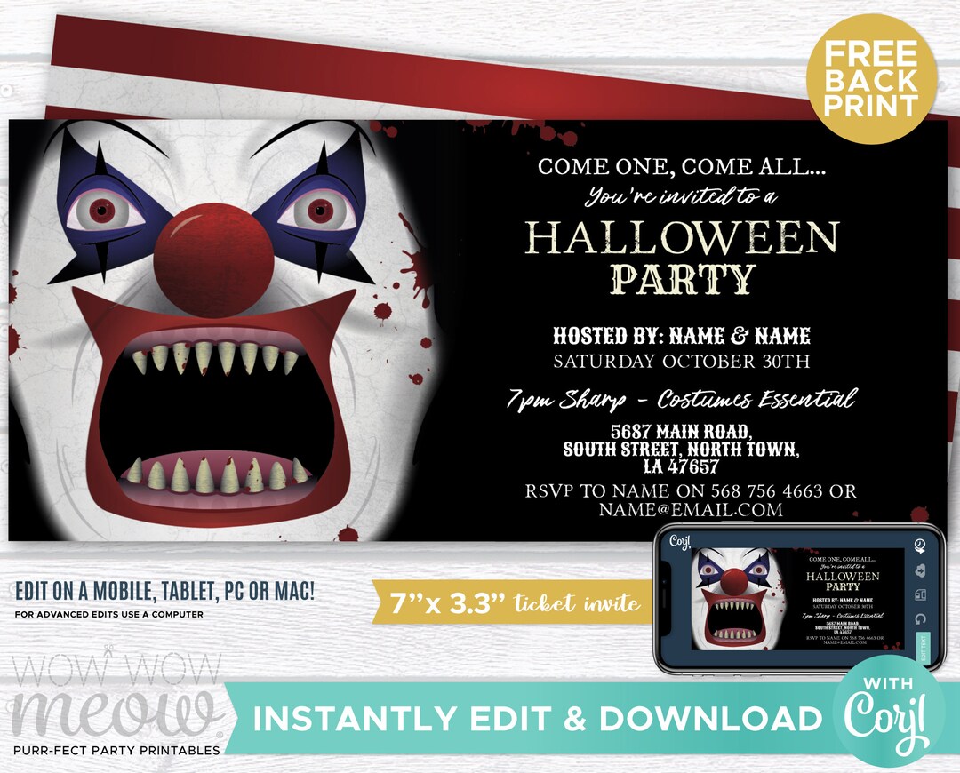 Halloween Invitation Ticket Horror Circus Clown Party Printable INSTANT ...