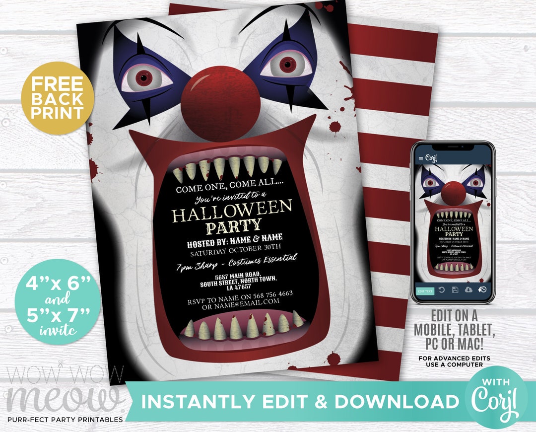 Clown Halloween Invitations Scary Horror Carnival Party - Etsy