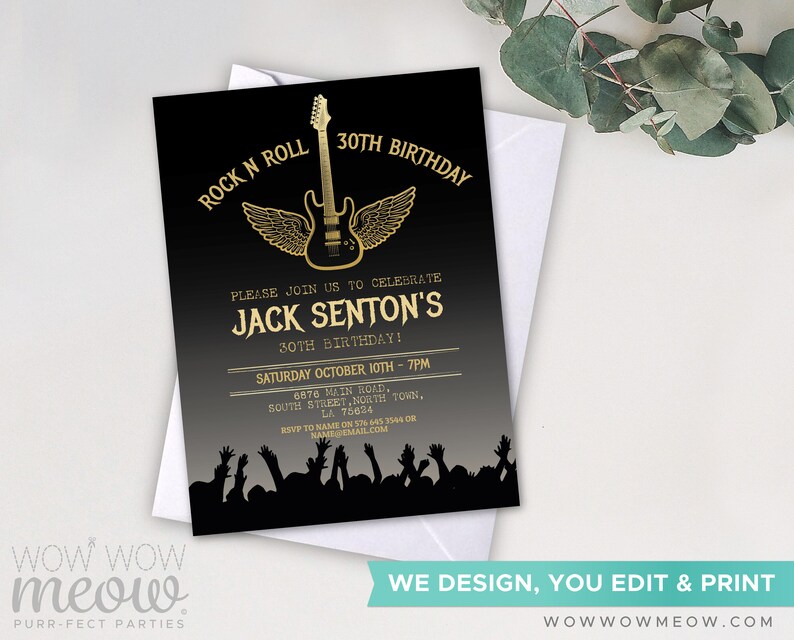 Rock Birthday Invitations N Roll Gold Party Invite Guitar INSTANT ...