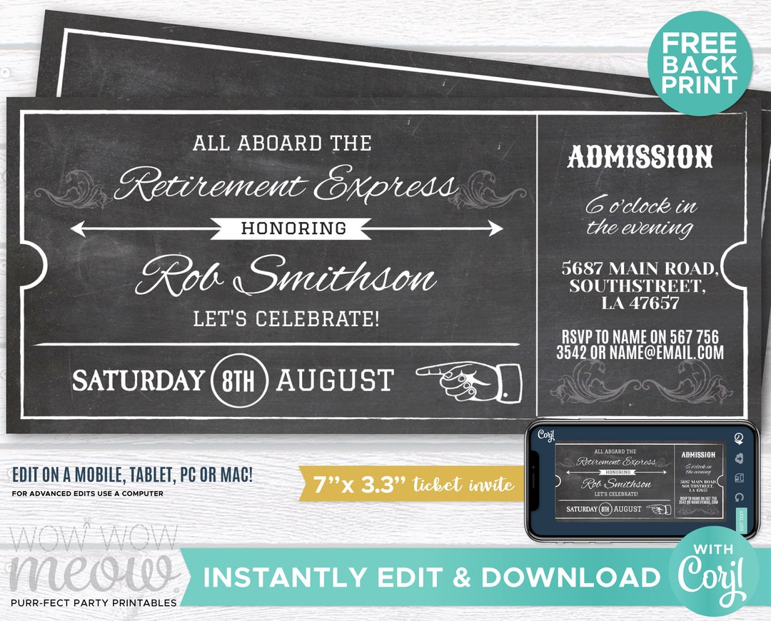 Retirement Invitation Train Ticket Express Invite Instant DOWNLOAD ...