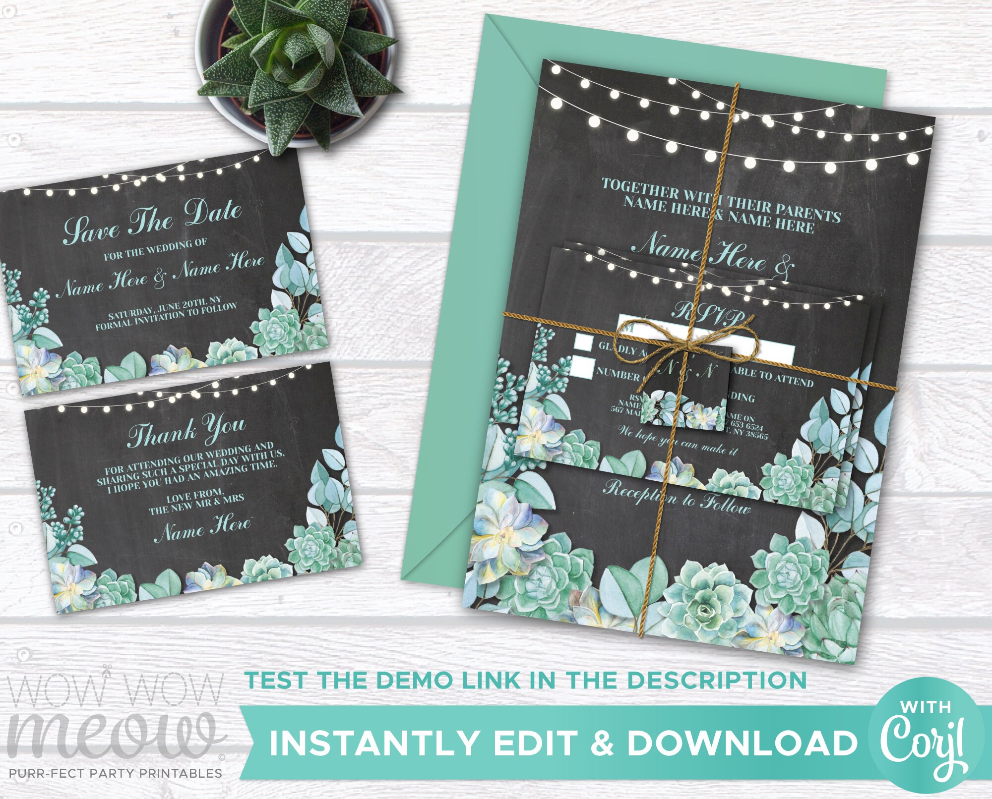Succulents Wedding Invitations Set Template INSTANT DOWNLOAD | Etsy