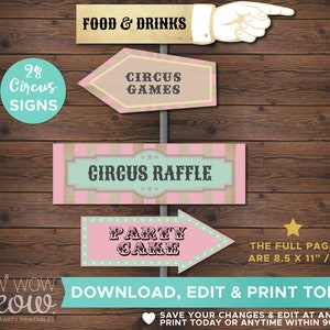 28 Vintage Circus Signs Printable DOWNLOAD Pink Pastel Direction Arrow ...