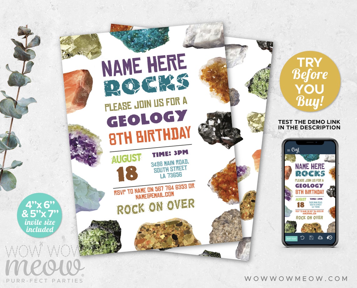 Geology Invitations Rocks Birthday Invites Girls Boys Party - Etsy