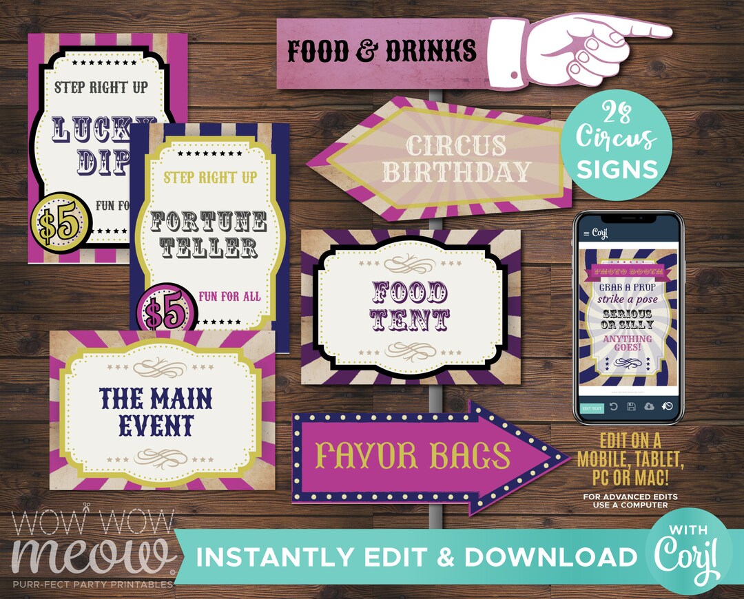 28 Vintage Circus Signs Printable INSTANT DOWNLOAD Pink Direction Arrow ...