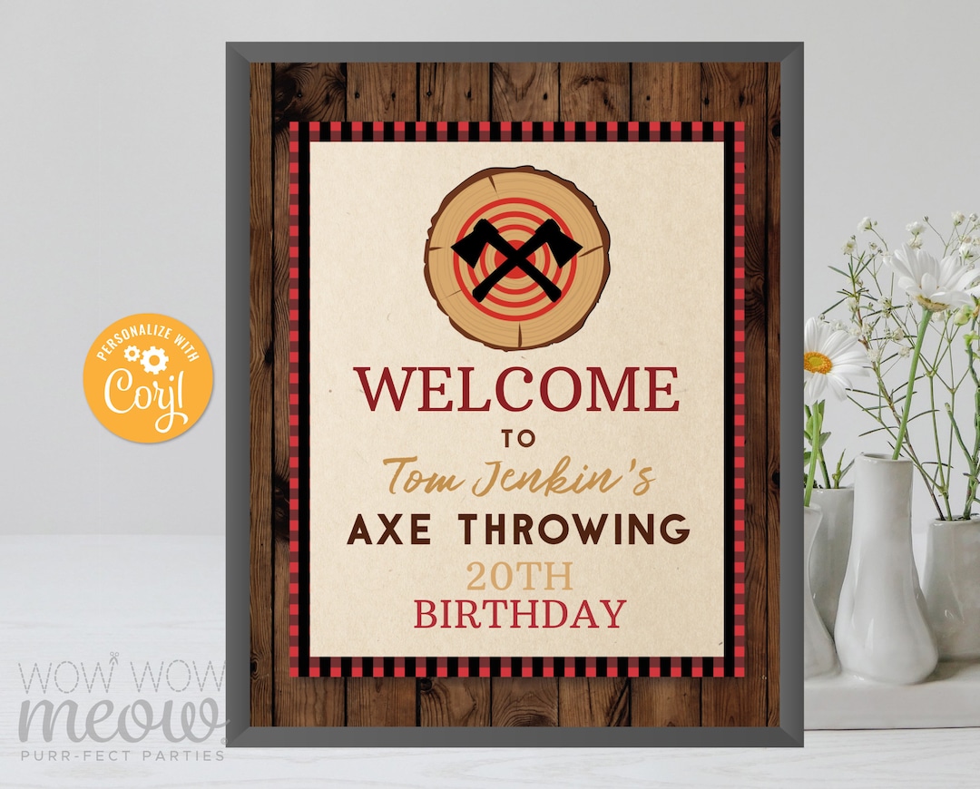 Axe Throwing Party Birthday Welcome Sign Editable Axes Lumberjack ...