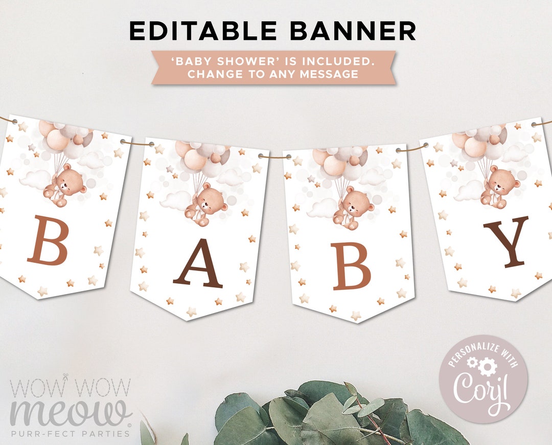 Editable Baby Shower Banner Teddy Bears Bunting Download Balloons Boys ...