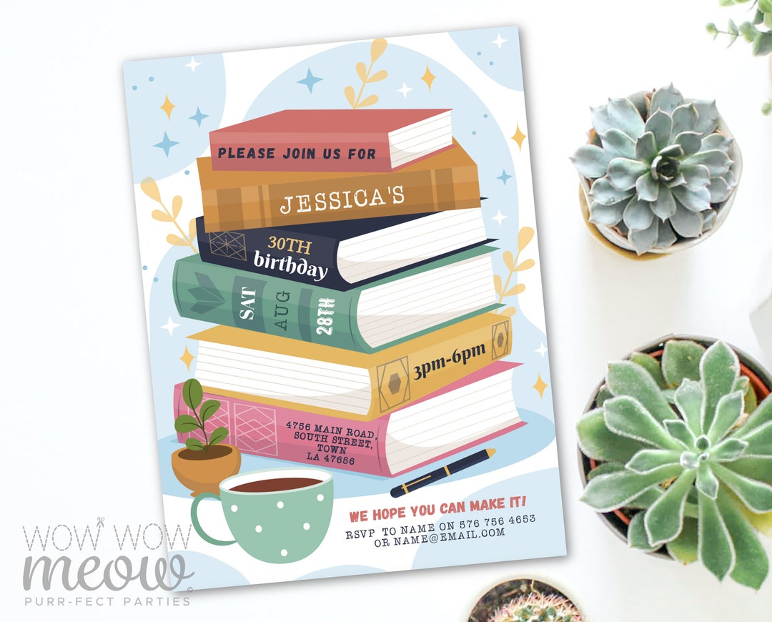 Books Birthday Party Invitation Book Club Library Reading Invite Womens ...