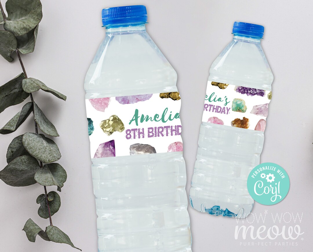 Geology Party Water Bottle Pink Labels Editable Birthday Party Gift ...