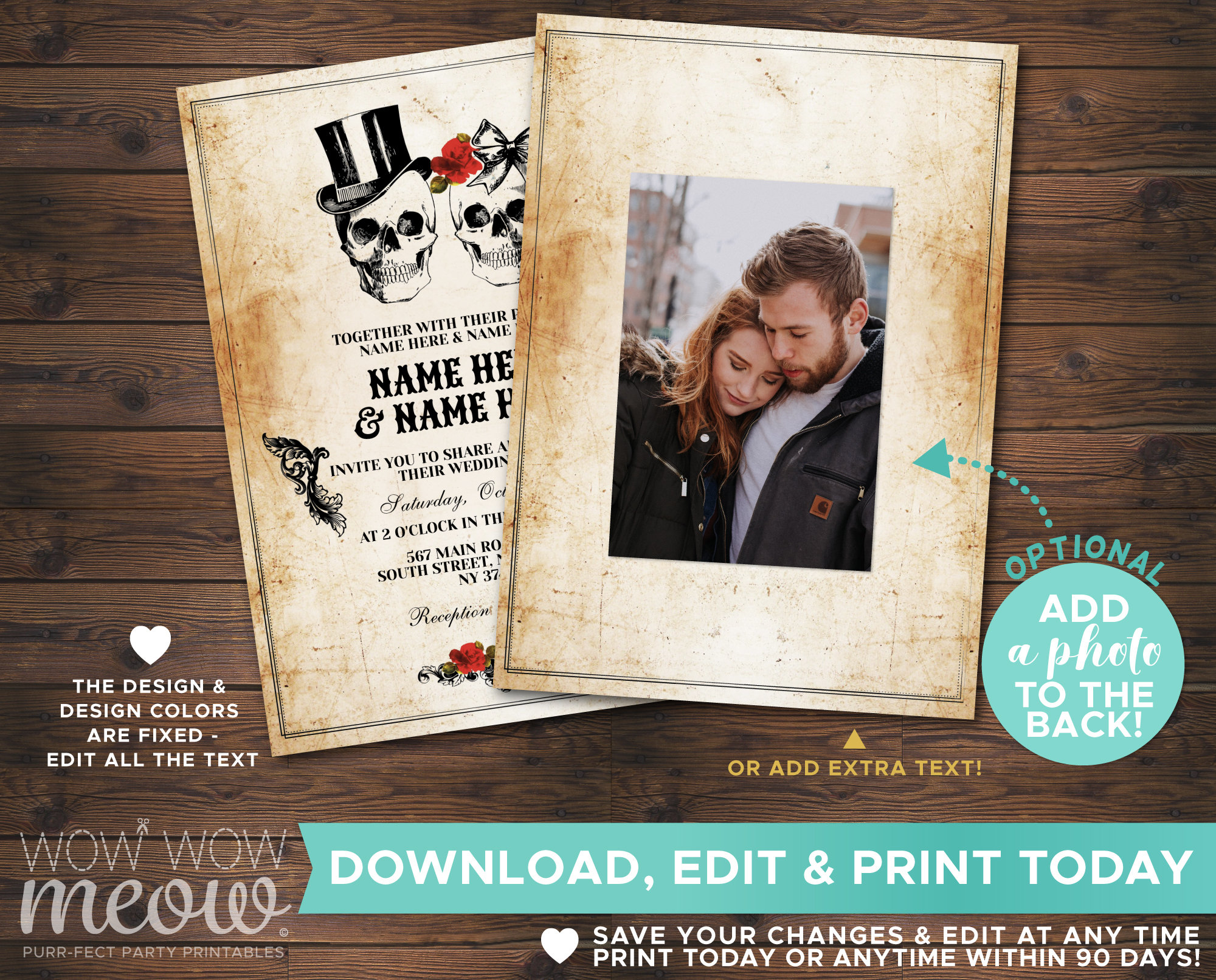 Skull Wedding Invitation Set Template Rustic Package Printable Invites ...