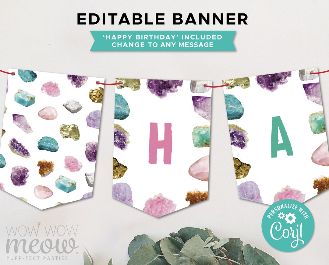 Geology Pink Party Banner Birthday Bunting Flags Geode Rocks Crystals ...