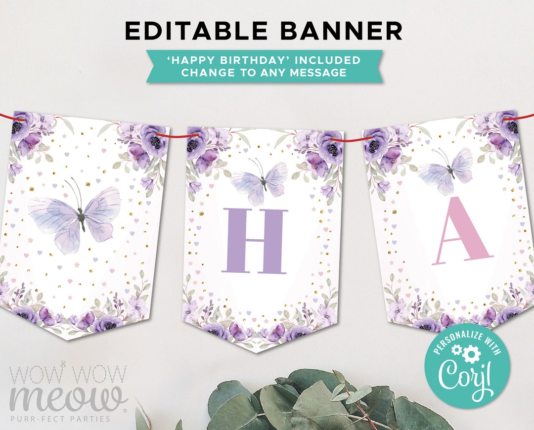 Editable Butterfly Party Banner Birthday Girls Download Purple Lilac ...