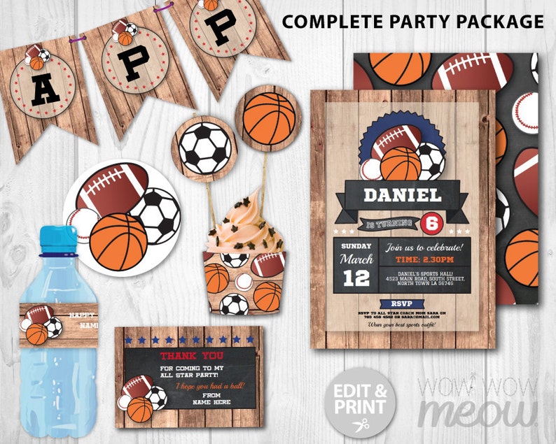All Star Party Package Sports Invitation Birthday Soccer - Etsy