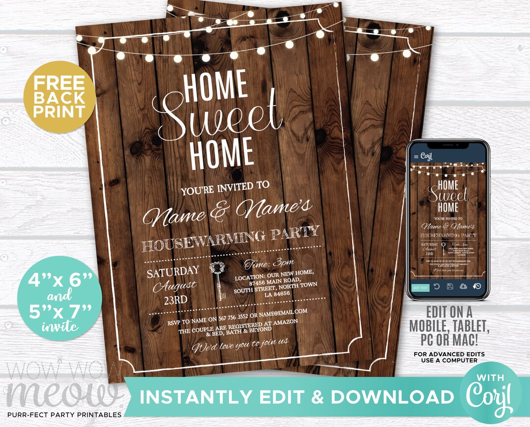 Wood Rustic Housewarming Invitation Home Sweet INSTANT DOWNLOAD New ...