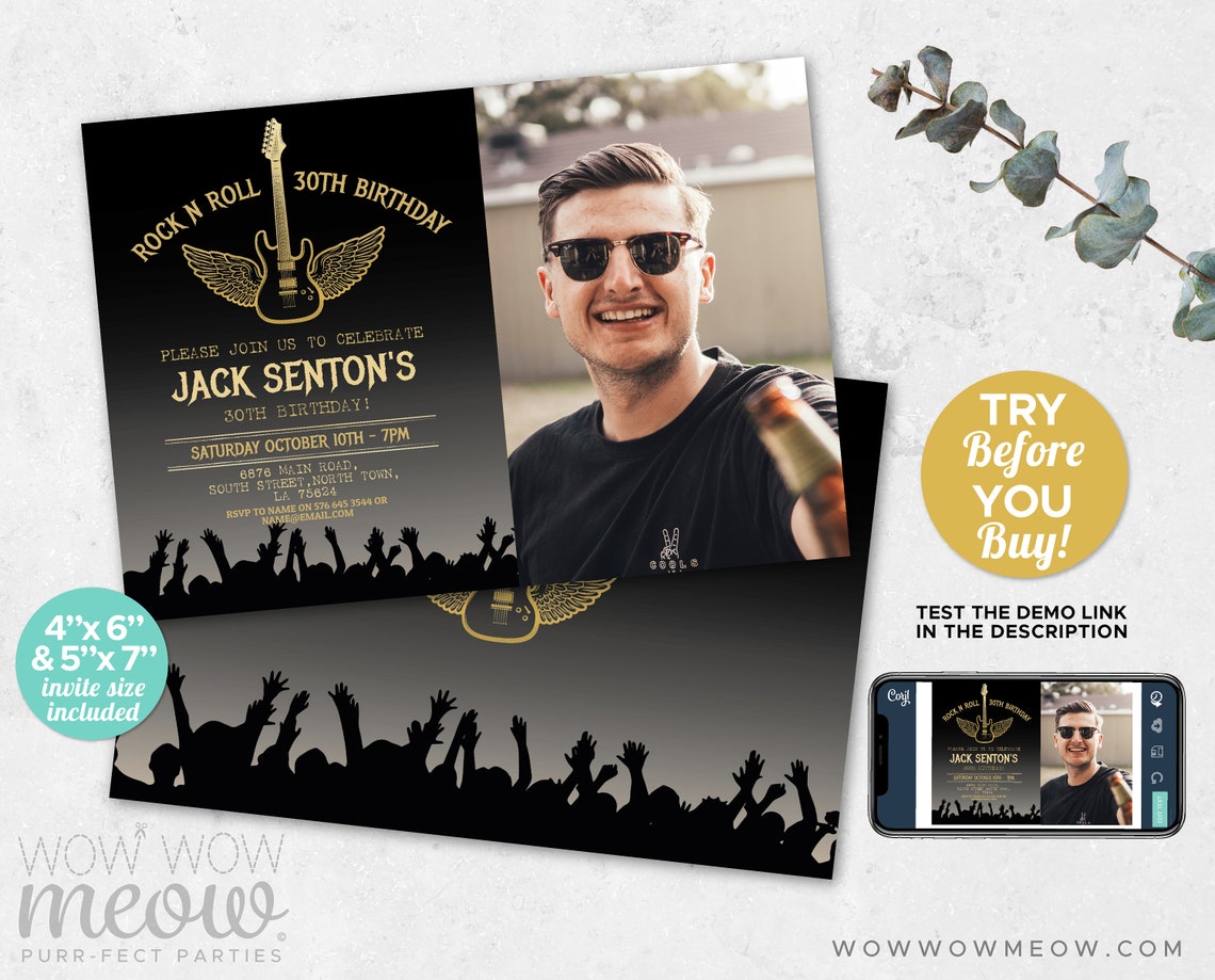 Rock N Roll Birthday Invitations Gold Party Invite Guitar - Etsy