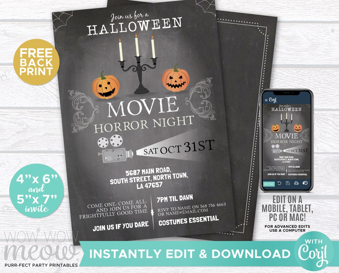 Halloween Invitations Horror Movie Night Film Party Printable INSTANT ...