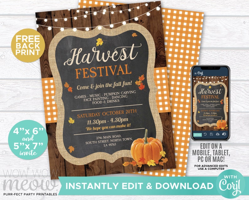 Fall Harvest Festival Invitations Party Rustic Invite Printable INSTANT ...