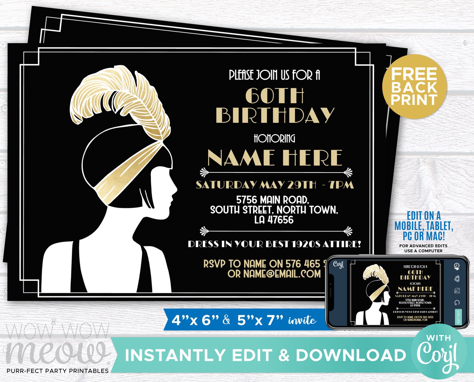 Gold 1920's Invitation Gold Birthday Invite Art Deco Any | Etsy