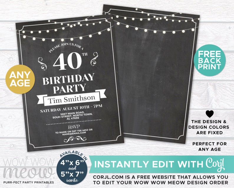 40th Surprise Birthday Invite Chalk Party Invitation Forty 40 - Etsy