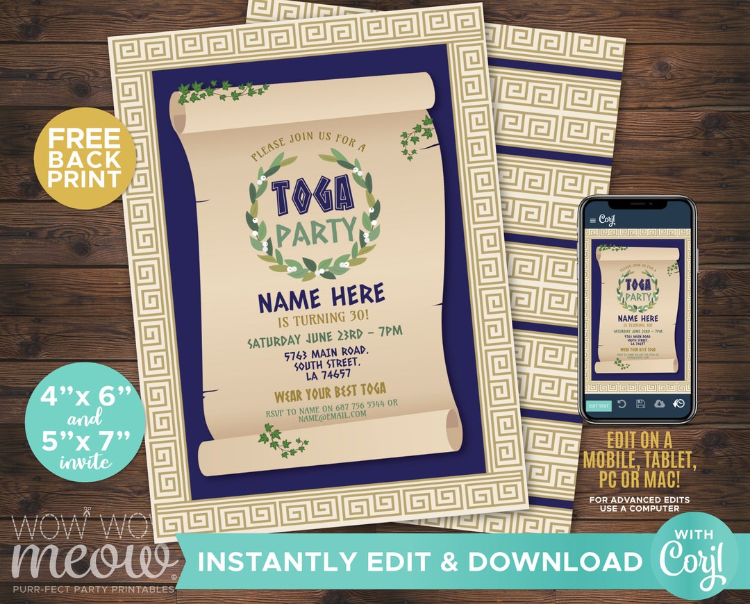 Toga Birthday Ancient Greek Invitation Invite Party INSTANT DOWNLOAD ...