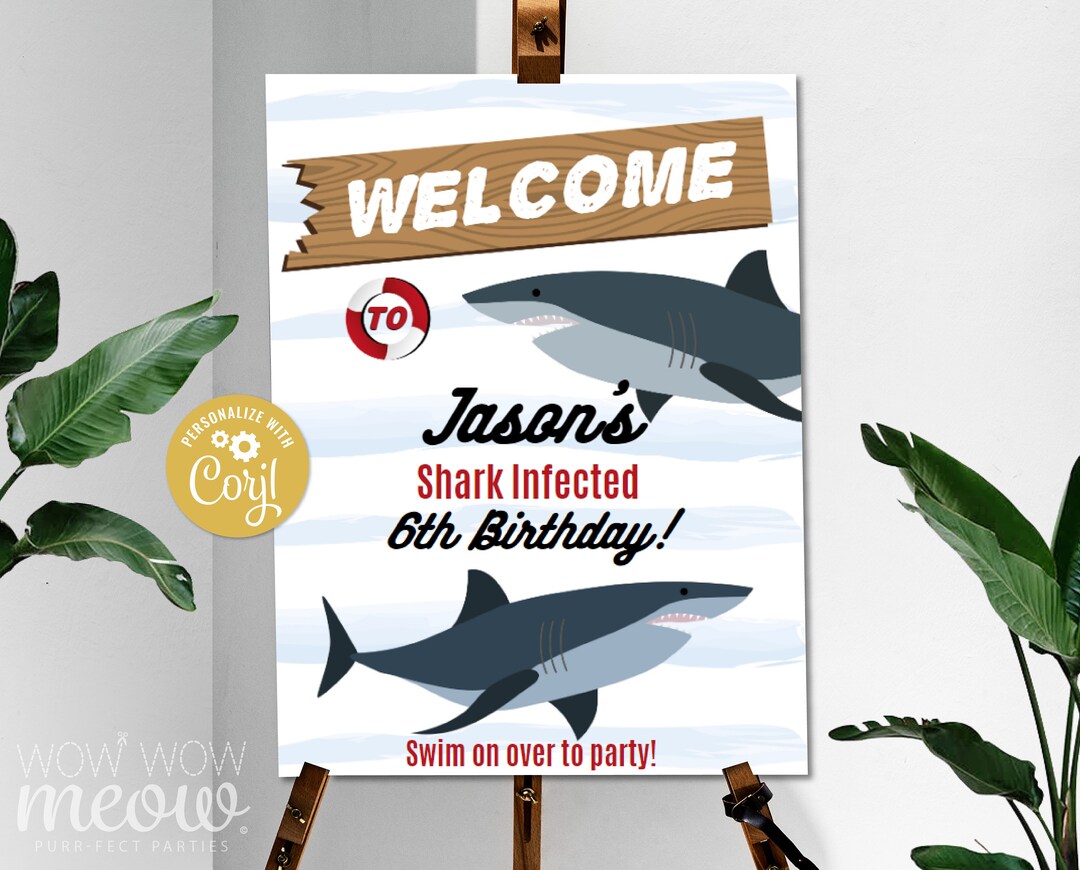 Shark Pool Party Party Birthday Welcome Sign Beach Swimming Sharks ...