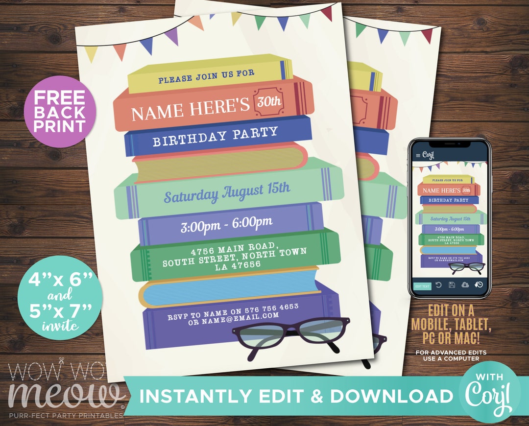 Books Birthday Party Invitation Library INSTANT DOWNLOAD Reading Books ...