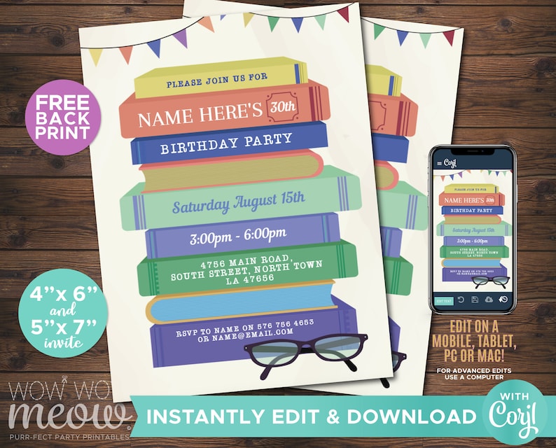 Books Birthday Party Invitation Library INSTANT DOWNLOAD - Etsy