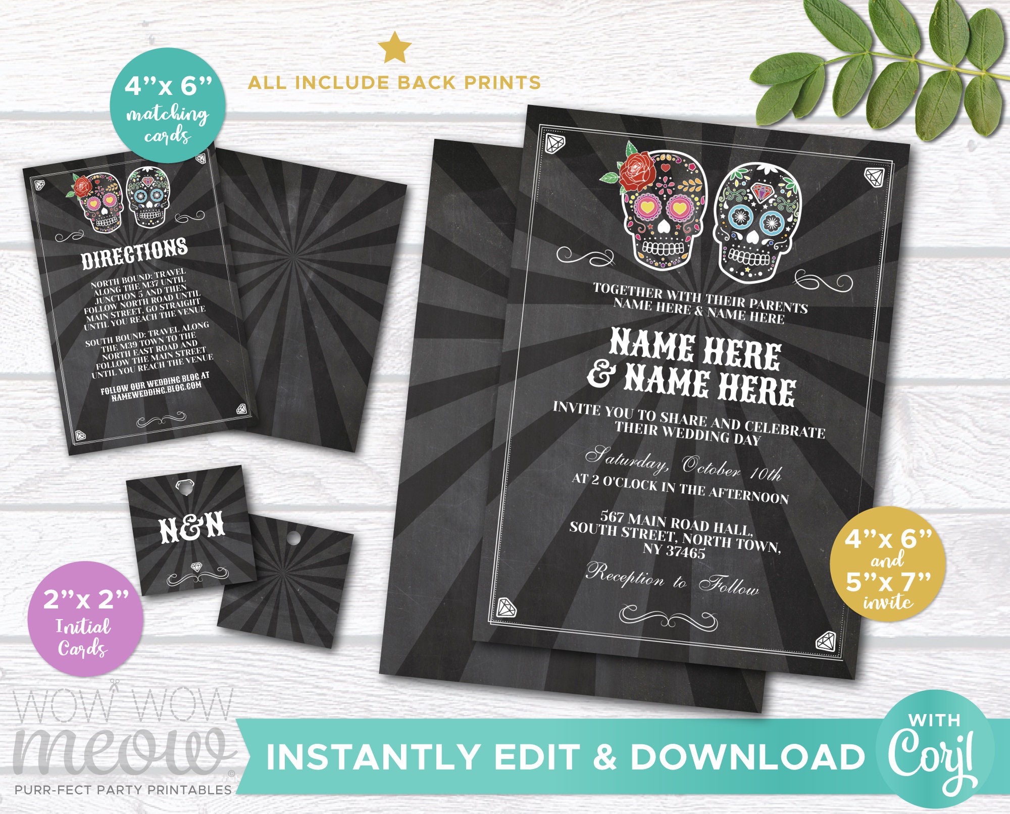 Sugar Skull Wedding Invitations Chalk Set Template Printable Invites ...