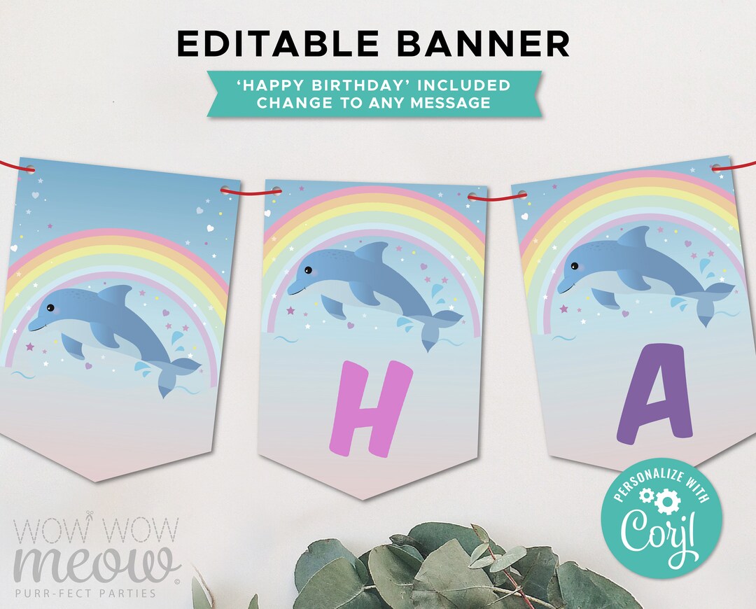 Dolphin Rainbow Birthday Banner Party Swimming Pool Slide Editable ...