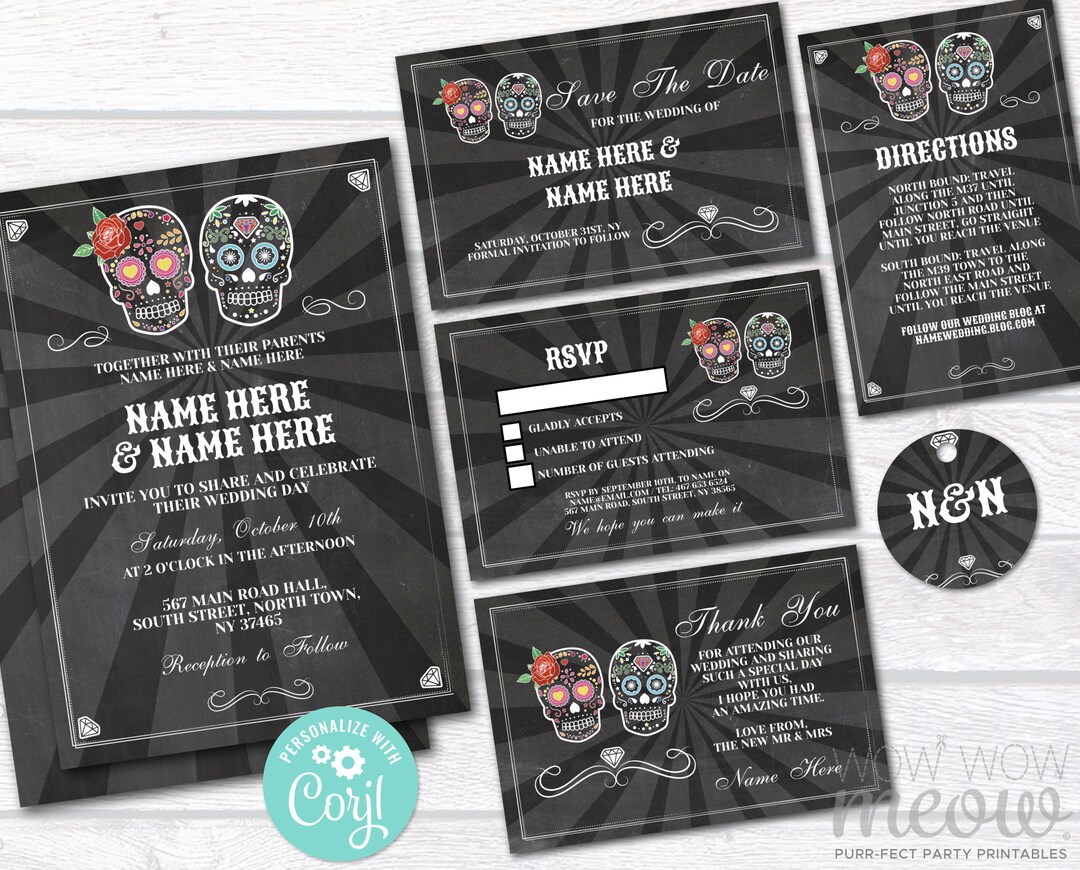 Sugar Skull Wedding Invitations Chalk Set Template Printable Invites ...
