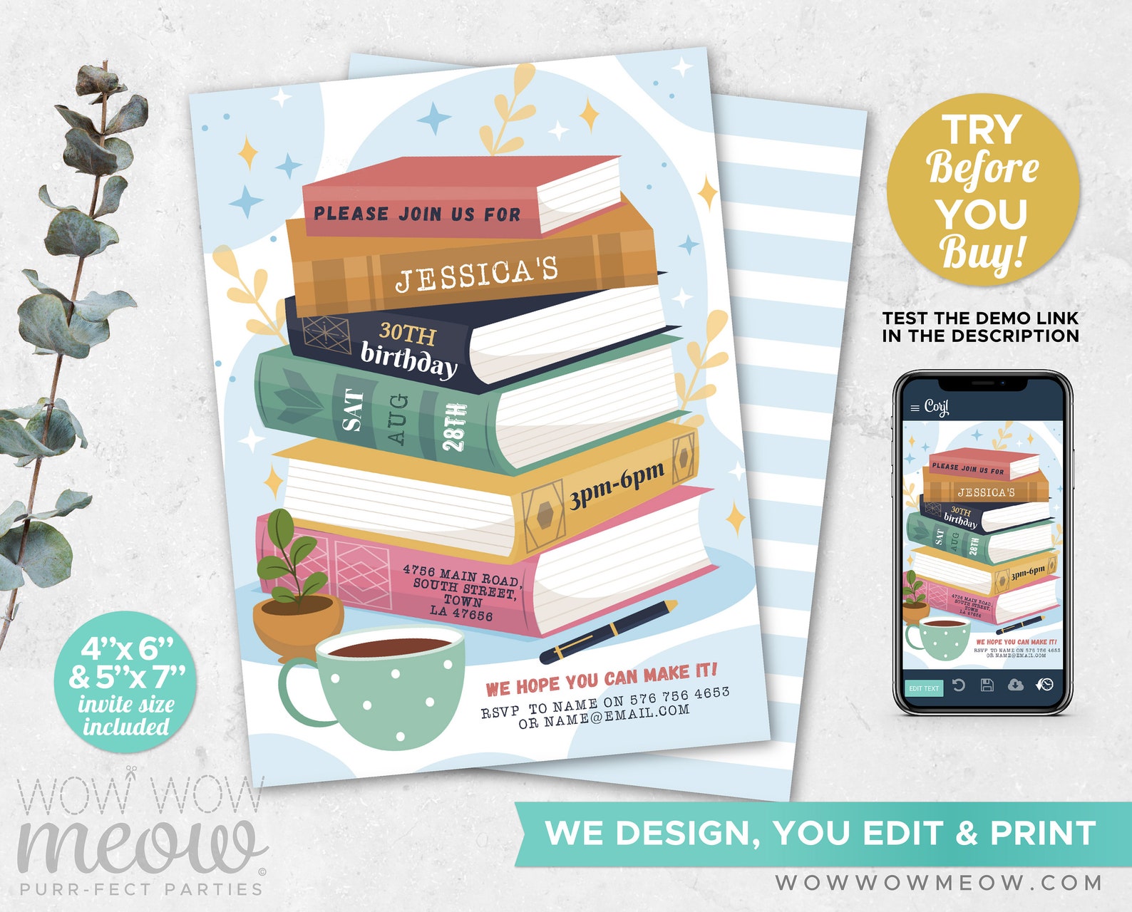 Books Birthday Party Invitation Book Club Library Reading Invite Womens ...
