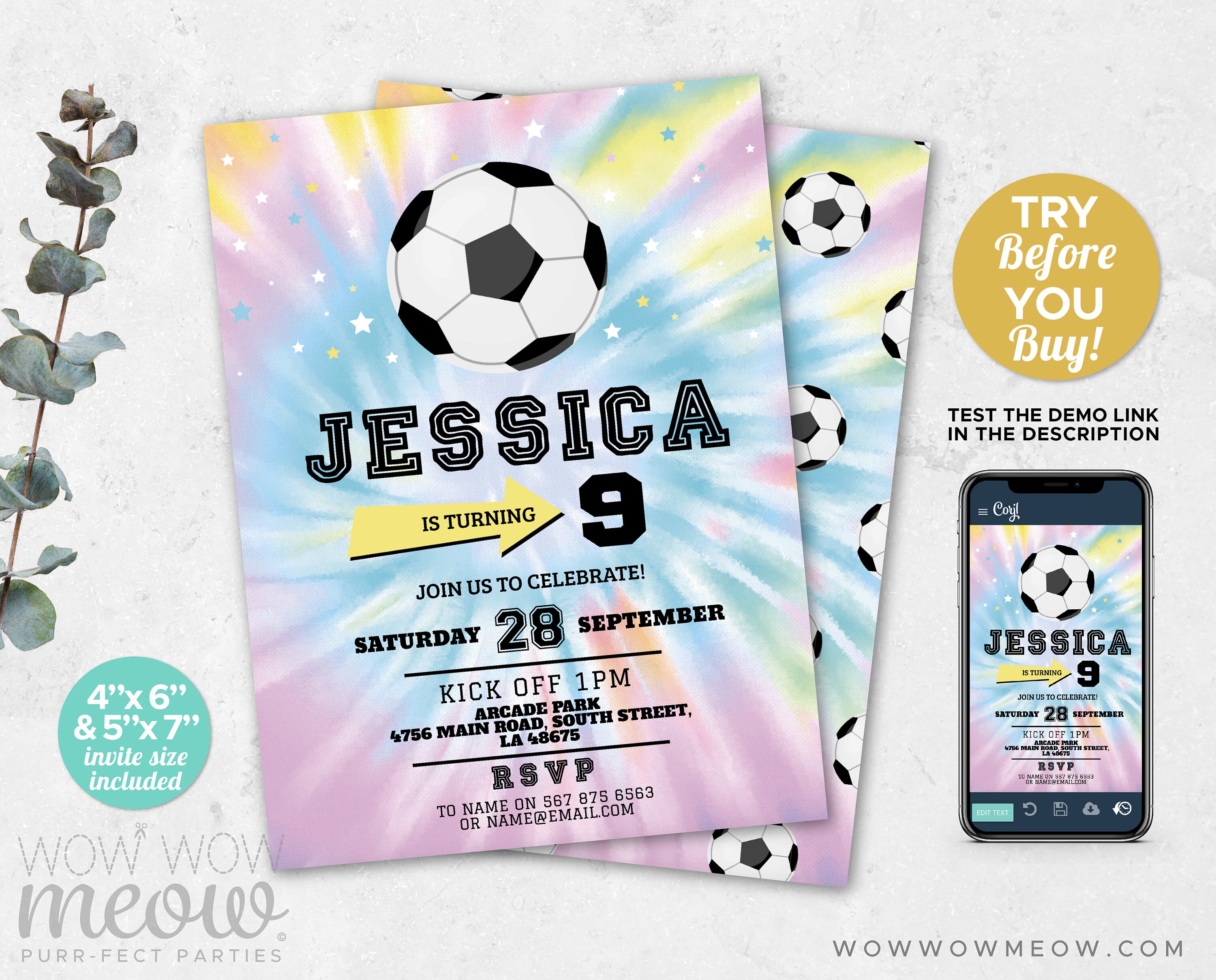 Football Tie-dye Soccer Pink Girls Birthday Invitations Party Ball Kick ...