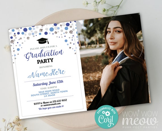 Graduation Photo Party Blue Invitation Silver Glitter Invite - Etsy