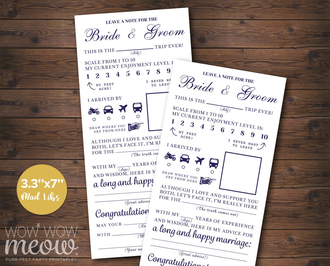 Wedding Mad Libs Printable Forms Activity Sheets Day Print at Home Navy ...