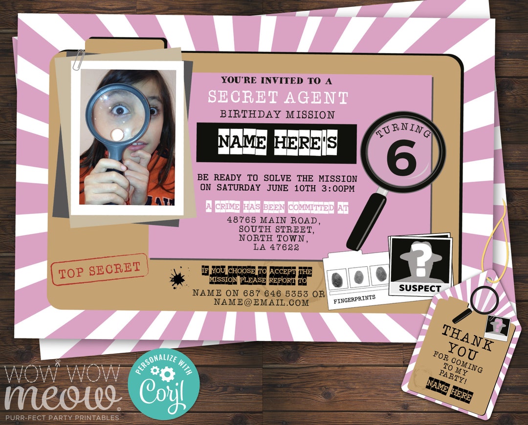 Secret Agent Party Invitations Pink Girls Spy Birthday Invites INSTANT ...