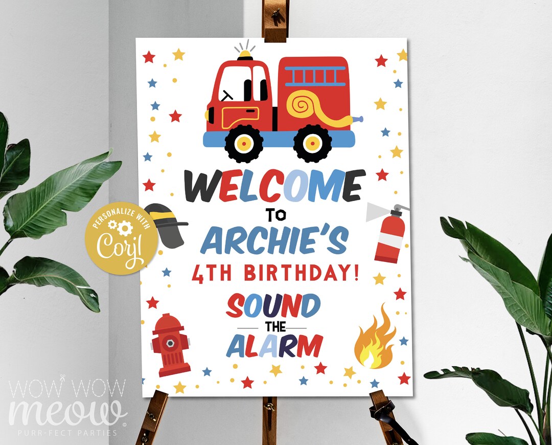 Editable Fire Truck Sign Party Fire Engine Birthday Welcome Vehicle ...