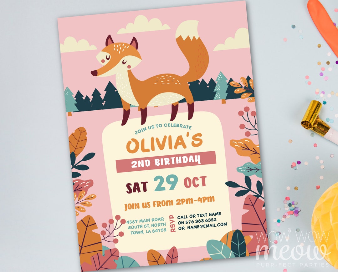 Pink Fox Party Invitation Birthday Invite Woods Personalize Forest ...