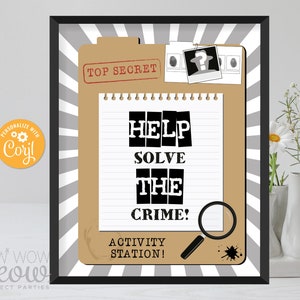 Detective Party Birthday Sign Poster - Activity Station - Spy Editable ...