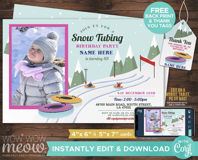 Snow Tubing Invitation Birthday Party Girls INSTANT DOWNLOAD | Etsy