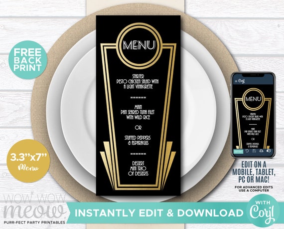 1920's Menu Dinner Template Wedding Gatsby Package INSTANT | Etsy
