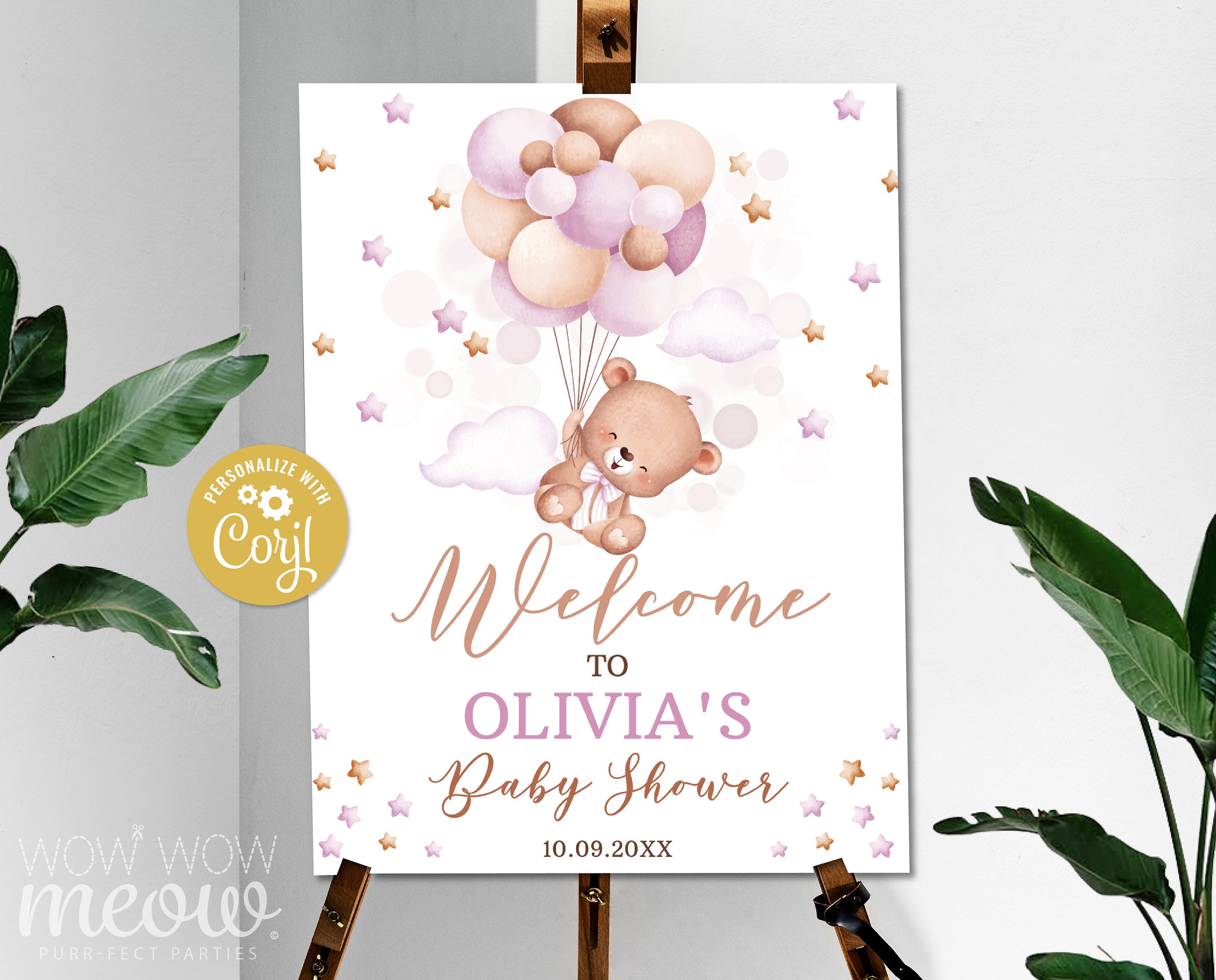 Baby Shower Pink Teddy Bear Girls Balloons Party Welcome Sign Editable ...